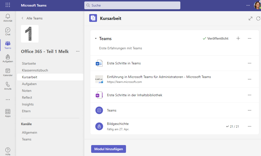 Kursarbeit (Classwork) in Microsoft Teams - Medienfundgrube